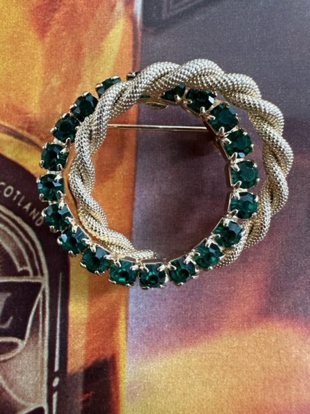 Vintage Emerald Green Rhinestone & Gold Circle Brooch, Emerald ...