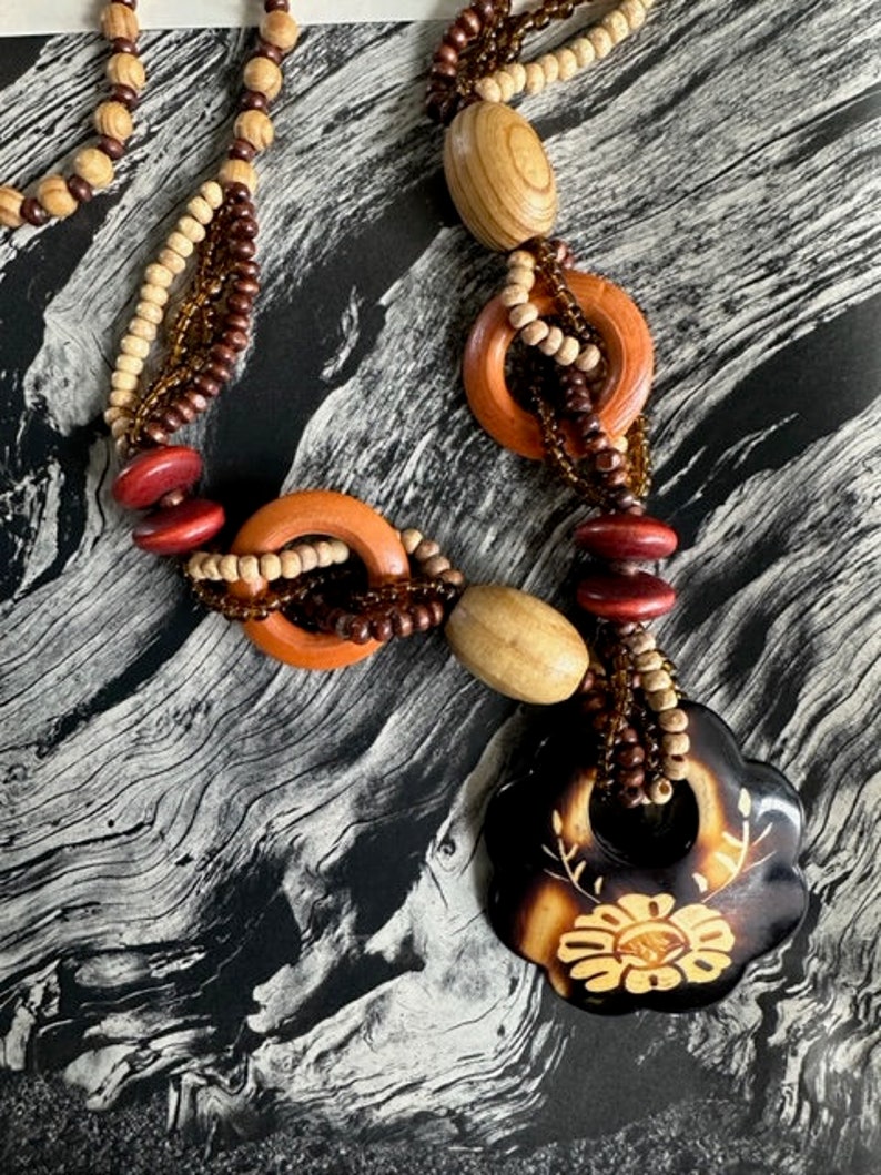 70s Wood Bead With Faux Bone Stenciled Pendant 70s Necklaces - Etsy