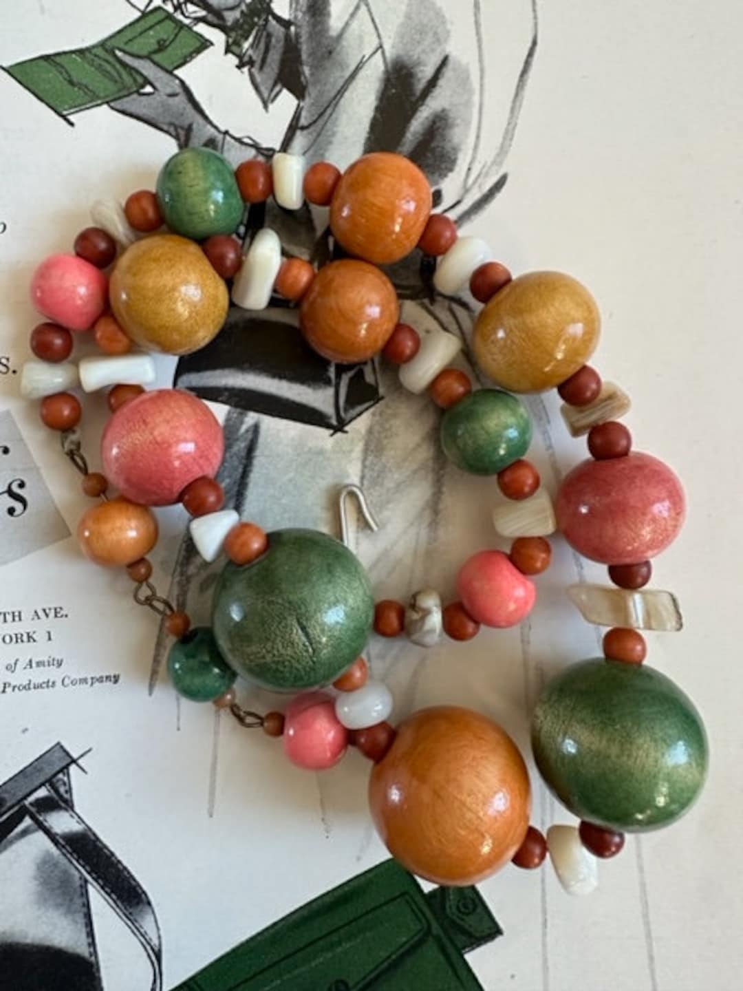 60s Rare Wooden Colorful Gum Ball Choker With MOP Shell Nuggets, 60s ...