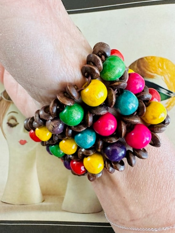 70s Wooden Bead Cuff Bracelet, Vintage Colorful Woode… - Gem