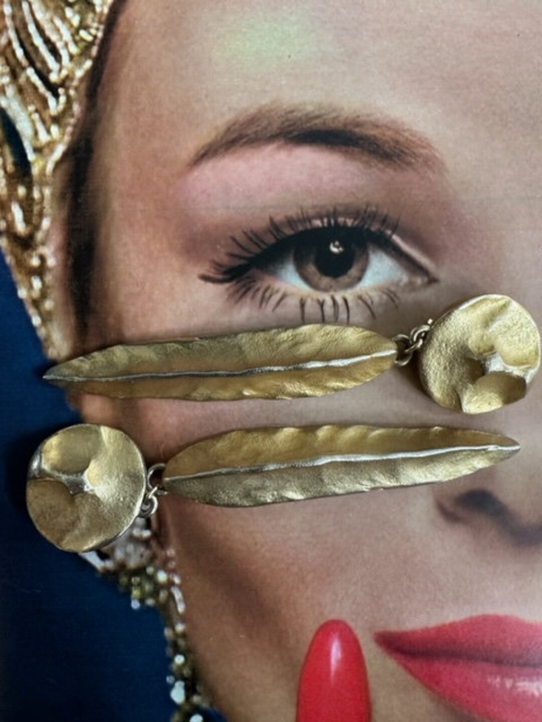 1980s F Mancini Signed Matte Gold Tribal Dangle Clip on Earrings Long ...
