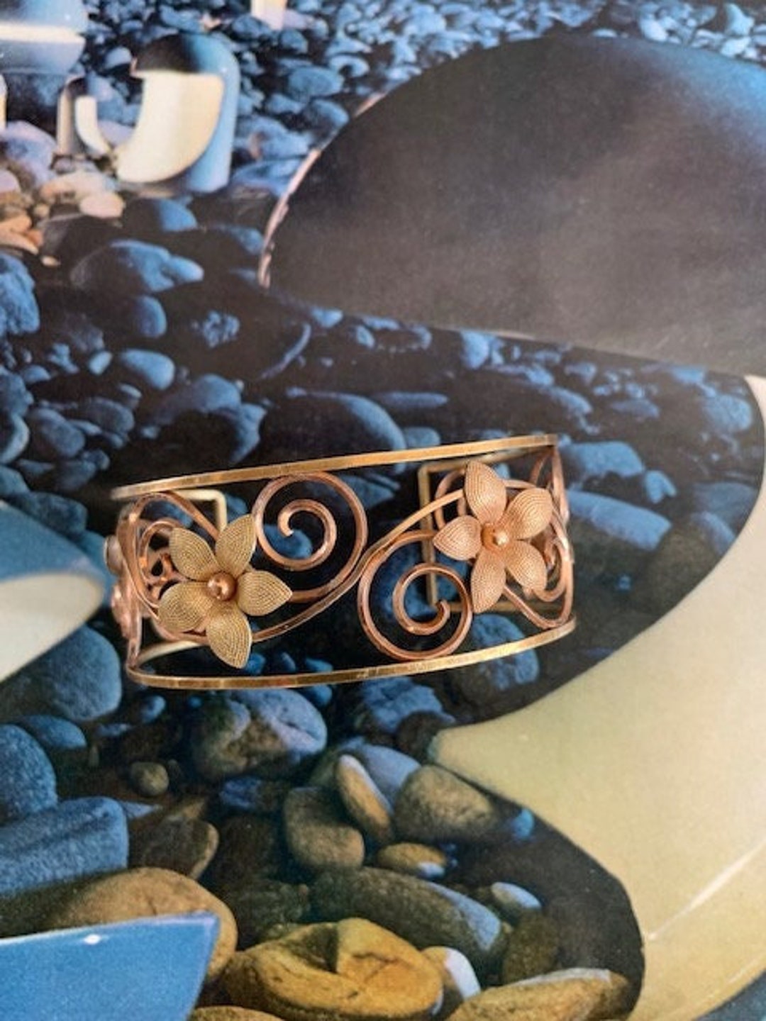 Krementz Signed Rose & Yellow Gold Filled Scroll Flower Cuff Bracelet, Krementz Bracelets, 50s ...