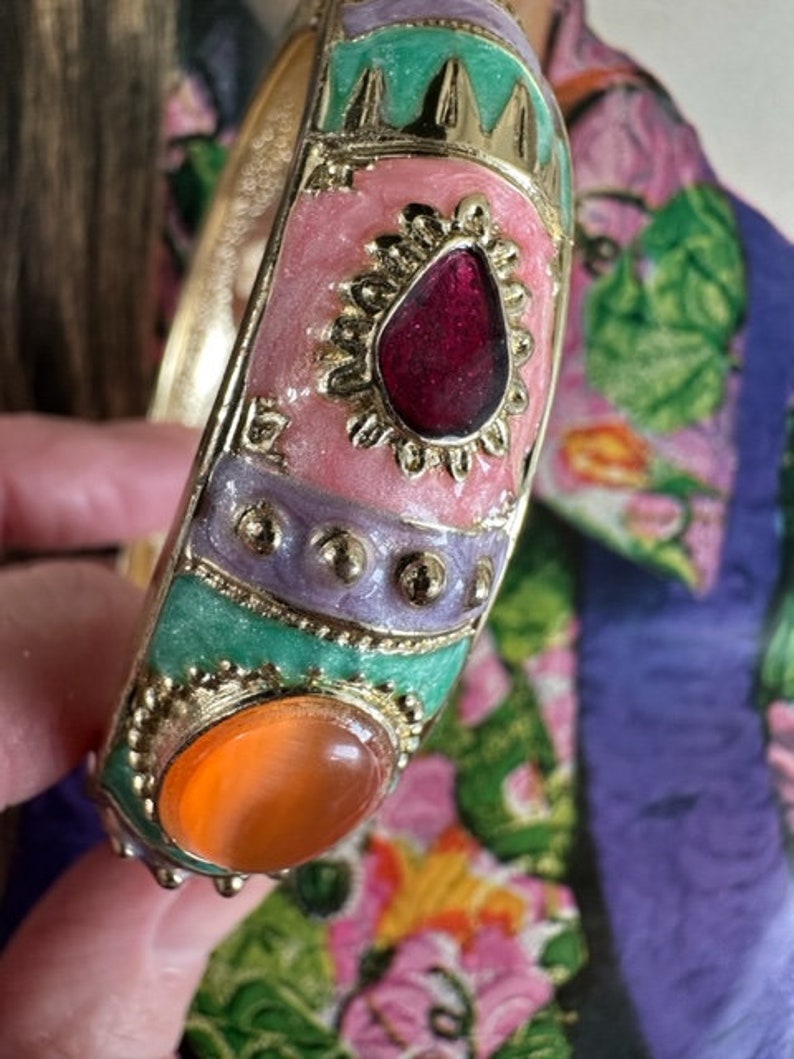 1980s Jiu Long Xing Signed Enamel Clamper Bracelet Vintage Gold Hinged ...