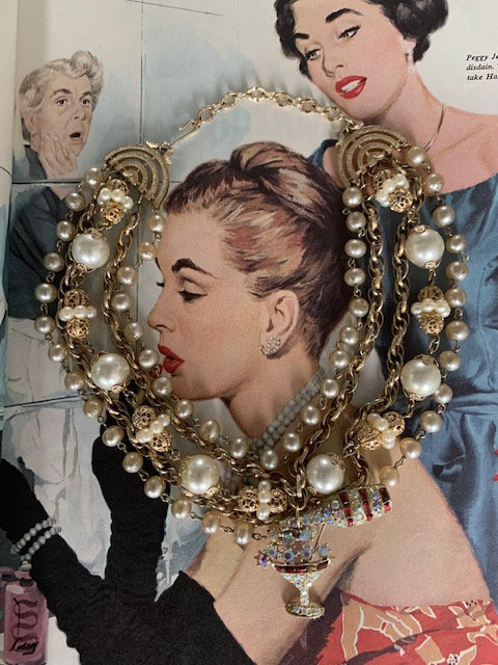 1950s Coro Signed MCM 5 Strand Pearl Gold Necklace With Champagne ...