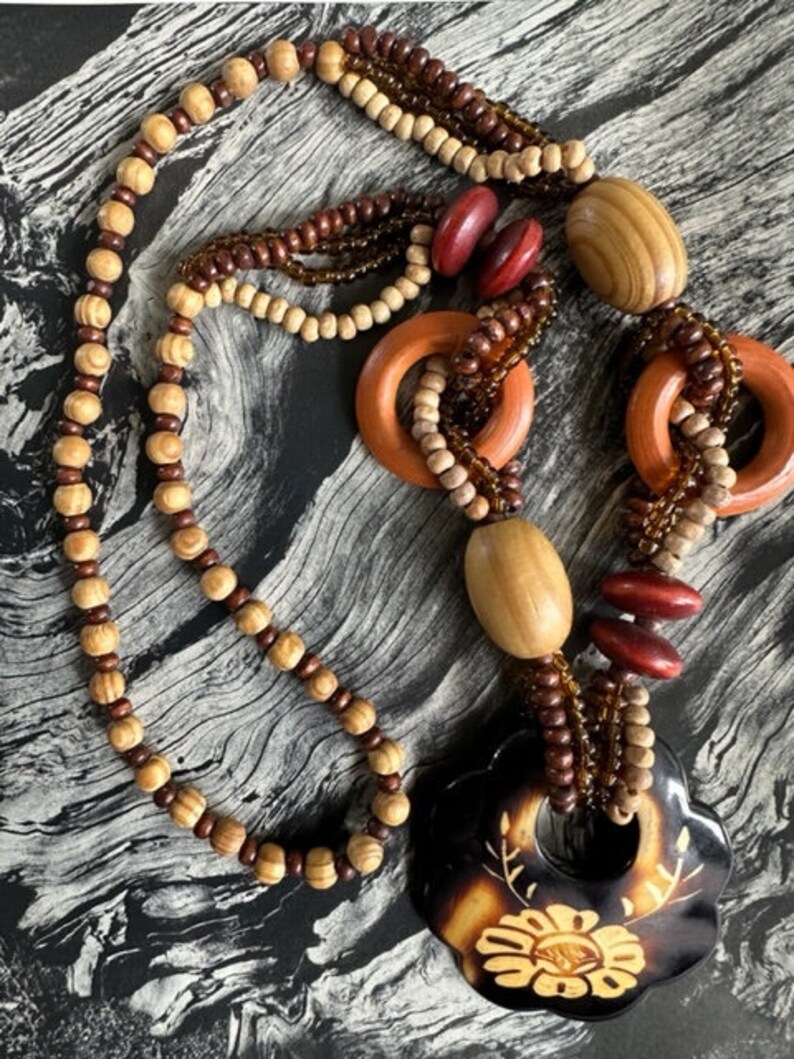70s Wood Bead With Faux Bone Stenciled Pendant, 70s Necklaces, Hippie ...