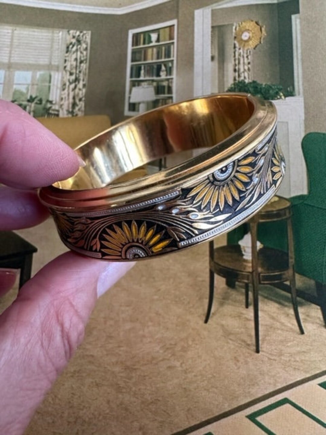 Vintage Damascene Daisy Flower Bangle Bracelet, Damascene Bangle ...