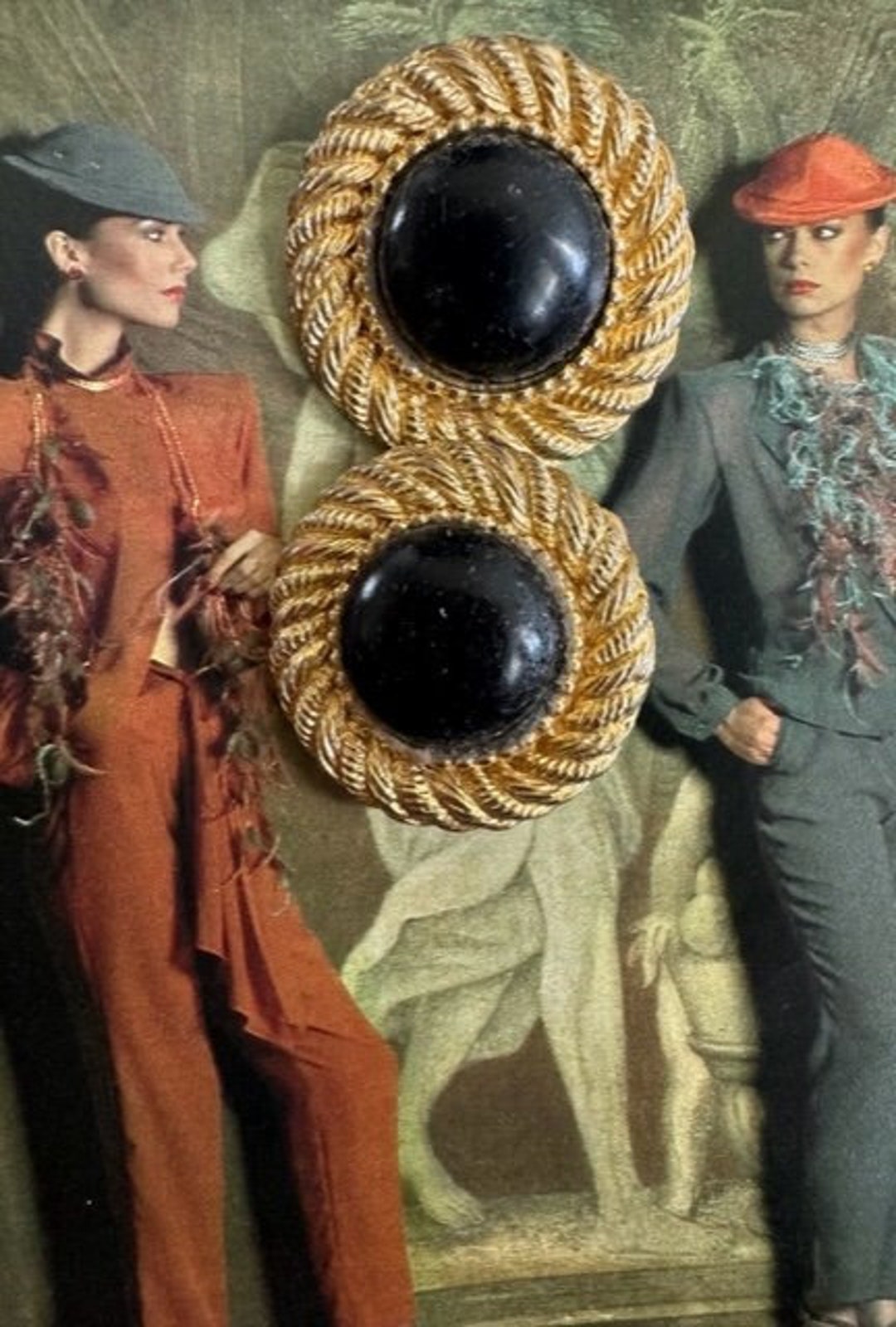 80s Big Bold Earrings, 80s Gold and Black Cabochon Button Earring ...