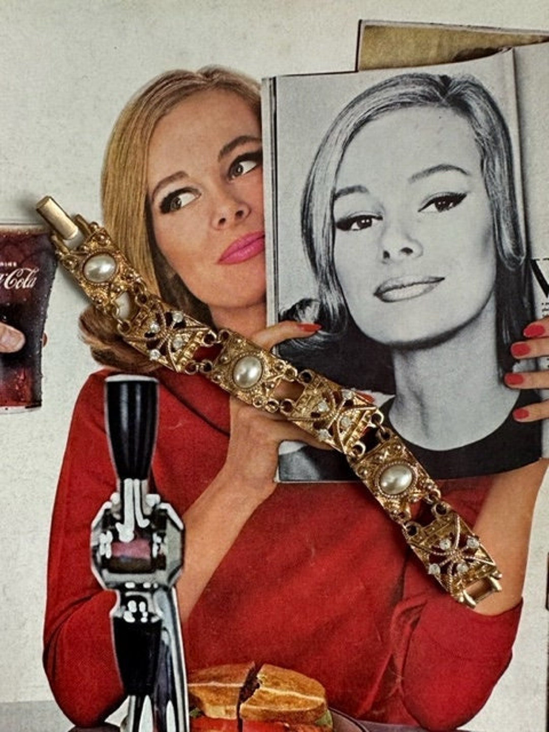 60s Gold Link Bracelet, 60s Links With Cabochon Pearls and Rhinestones ...