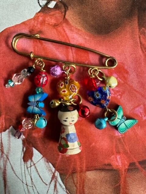 Asian Safety Pin With Dangling Charms, Asian Charm Pin, Asian Jewelry ...