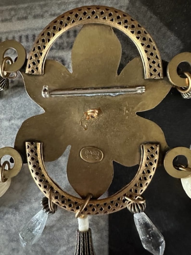 1980s BAER SF Signed Hammered Metal Flower Brooch With Dangle Beads ...