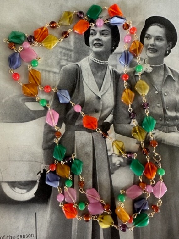 60s Multi--color Chiclet Glass Bead Long Necklace, Gl… - Gem