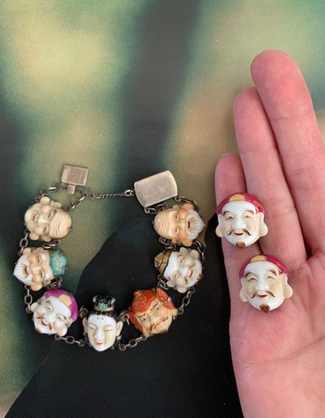 1940s Toshikane Signed Seven Gods Fortune Bracelet and Earrings Set ...
