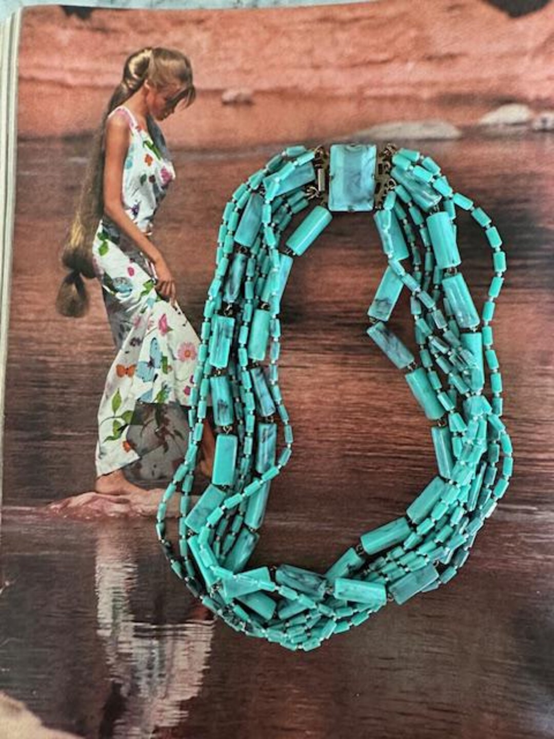 1940s Teal Celluloid Necklace Eight Strand Marbled Bead Hong Kong Clasp ...