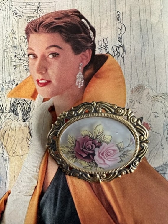 60s Oval Floral Pin, 60s Floral Cameo Pin, 60s Brooch… - Gem