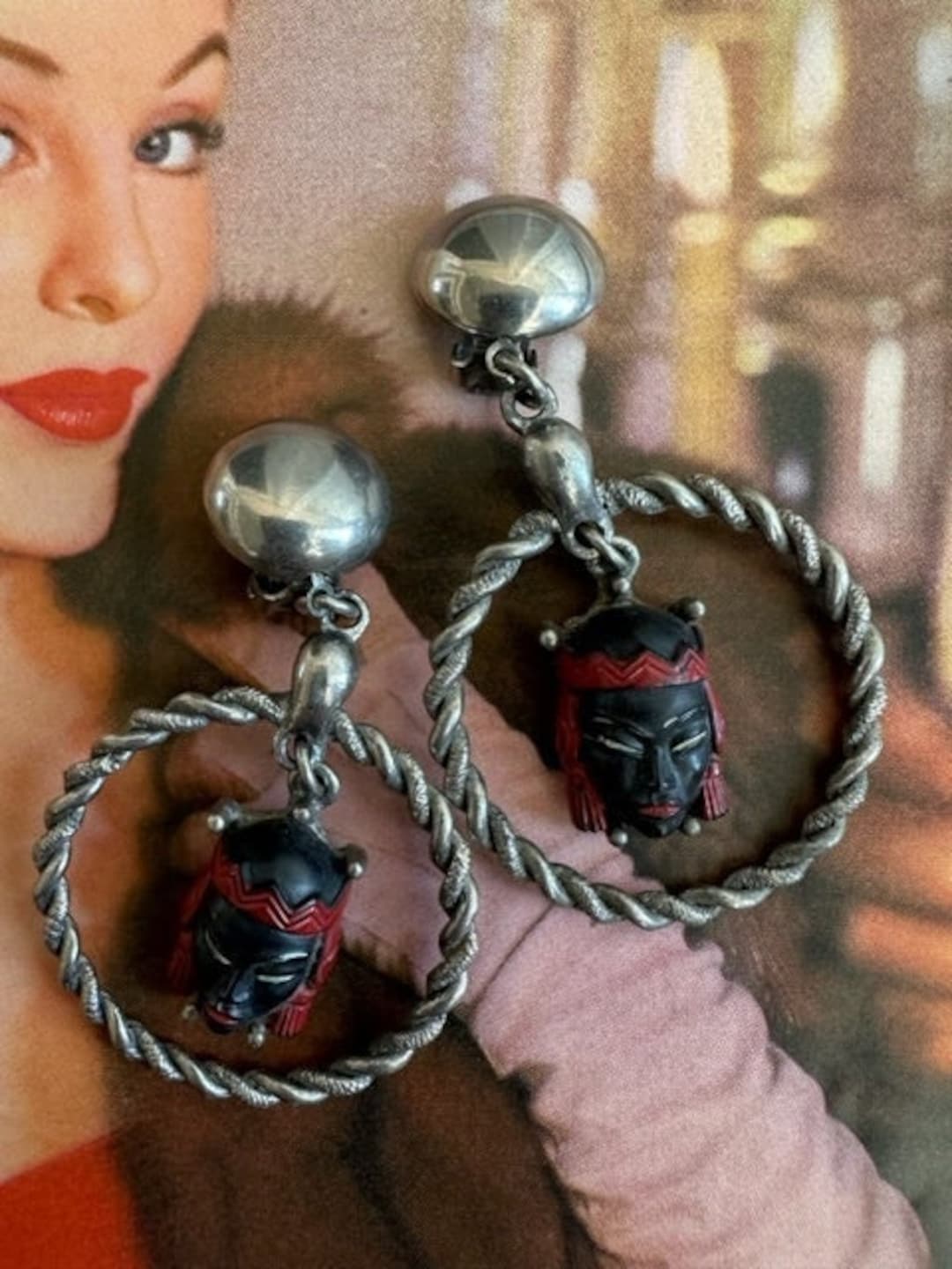 Selro Selini Unsigned Blackmoor Princess Warrior Dangle Hoop Earrings ...