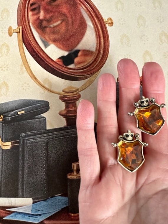 Vintage Swank Citrine Shield with Crown Cuff Links, S… - Gem
