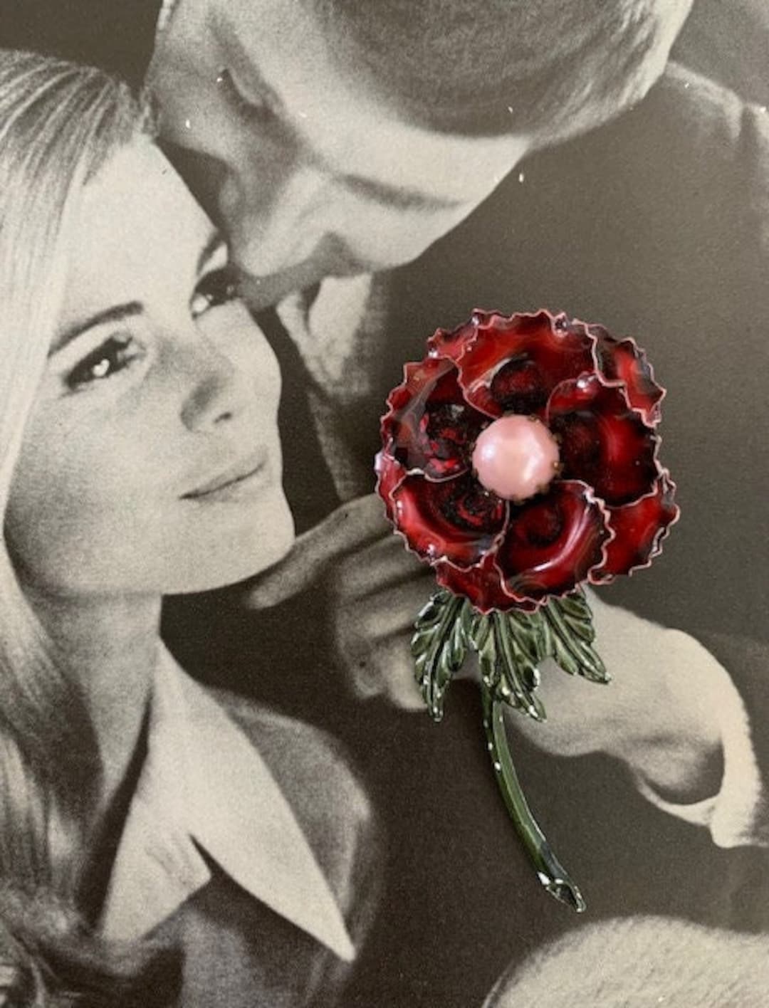 Vintage Large Red Flower Pin, 60s Flower Pin, Large Red Flower Brooch ...