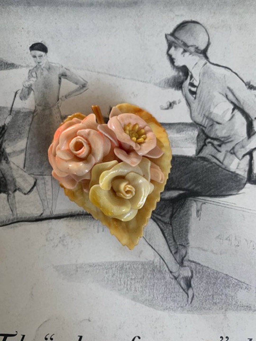1930s Celluloid Flower Brooch Yellow Peach Cream Vintage Floral Pin ...
