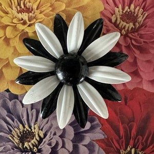 60s Mega Balk and White Enamel Flower Brooch, Large Metal Flower With ...