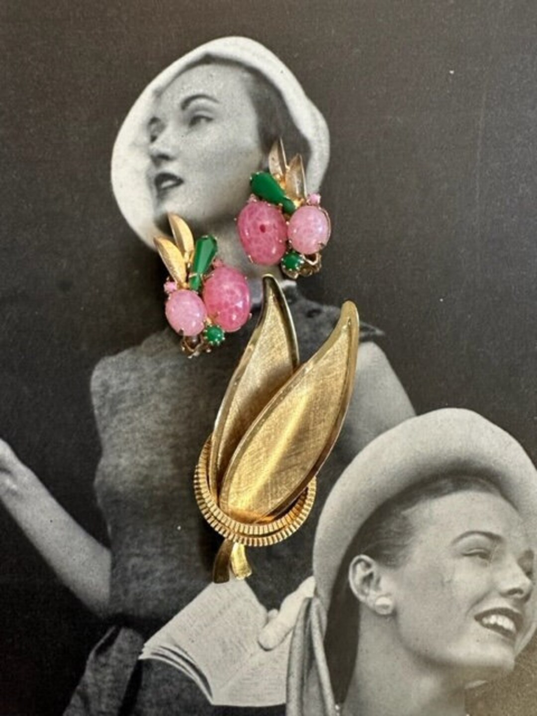 60s Gold Leaf Pin and Stone & Leaf Earrings 60s Pin and - Etsy