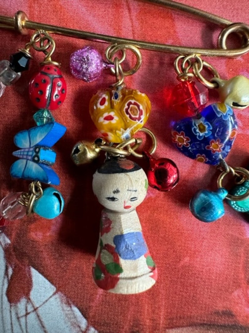 Asian Safety Pin With Dangling Charms, Asian Charm Pin, Asian Jewelry ...