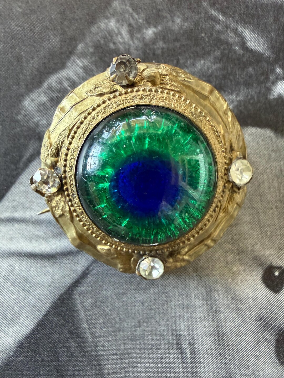 1900s Antique Peacock Eye Foil Glass Brooch Rare Repousse Brass Green ...