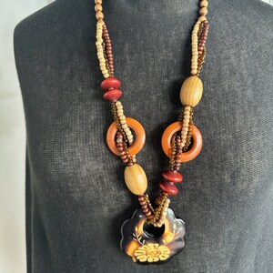 70s Wood Bead With Faux Bone Stenciled Pendant, 70s Necklaces, Hippie ...