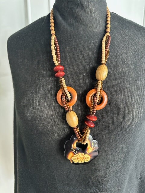 70s Wood Bead With Faux Bone Stenciled Pendant, 70s 70s Wood Bead With Faux Bone Stenciled Pendant, 70s