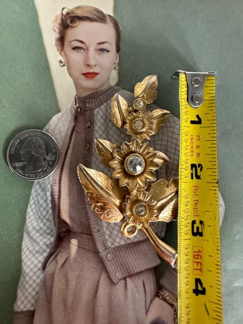 1950s Gold Tone Large Floral Leaf Brooch MCM Big Rhinestone Vintage ...
