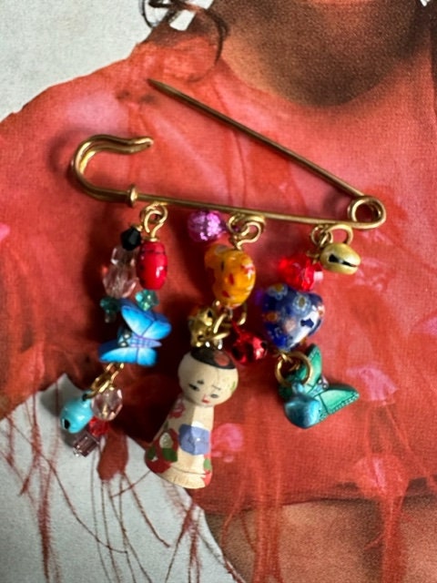 Asian Safety Pin With Dangling Charms, Asian Charm Pin, Asian Jewelry ...