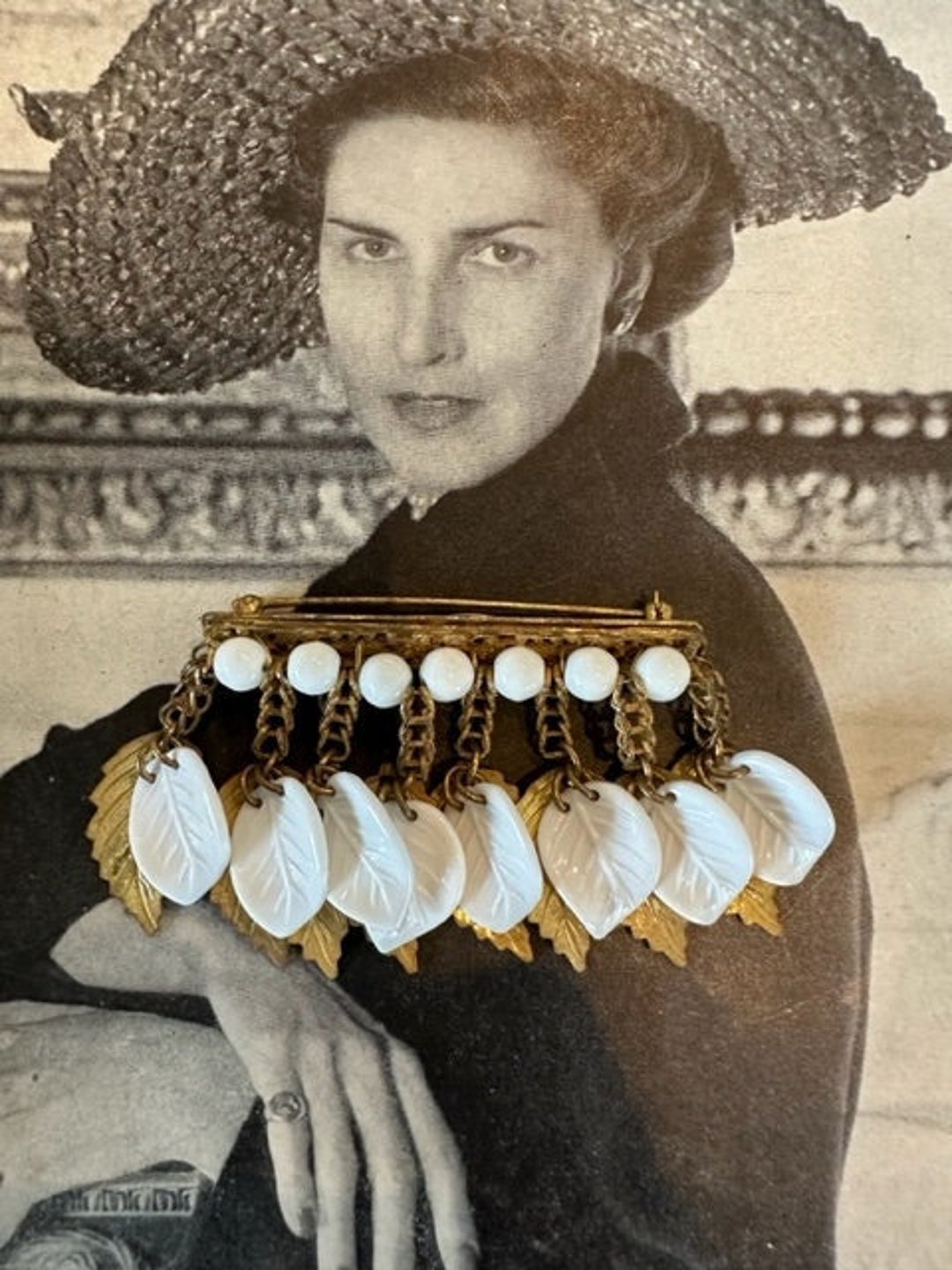 50s Miriam Haskell Signed Milk Glass and Gold Leaf Brooch, Miriam ...