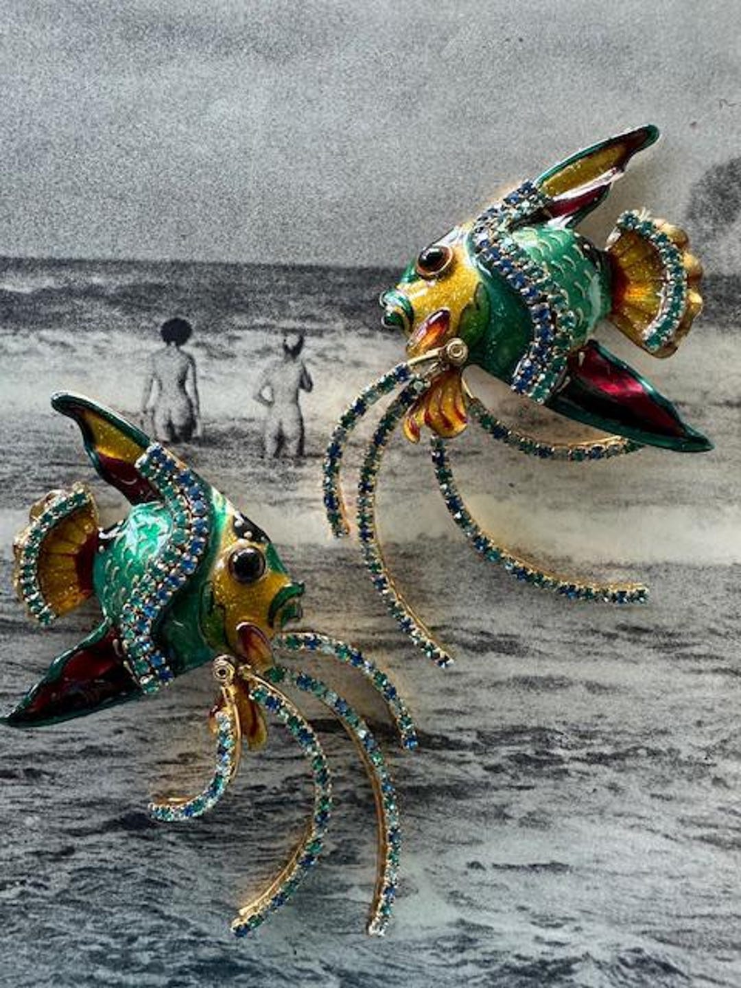 1980s Lunch at the Ritz Signed Fish Clip on Earrings Enamel Rhinestone ...
