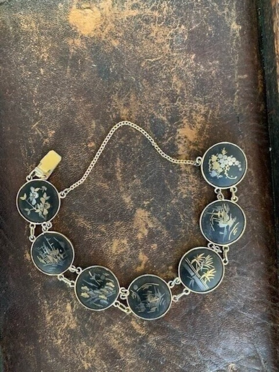Japanese Amita Damascene Panel Gold & Silver Inlay Bracelet Japanese Amita Damascene Panel Gold & Silver Inlay Bracelet