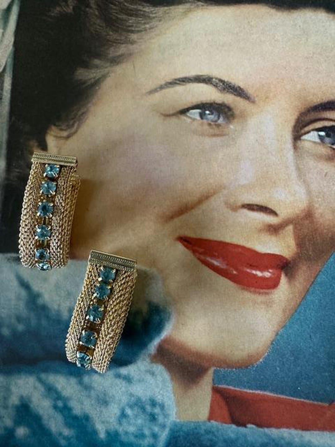 Gold Tone Mesh Earrings, Gold Mesh Earrings With Aquamarine Stones ...