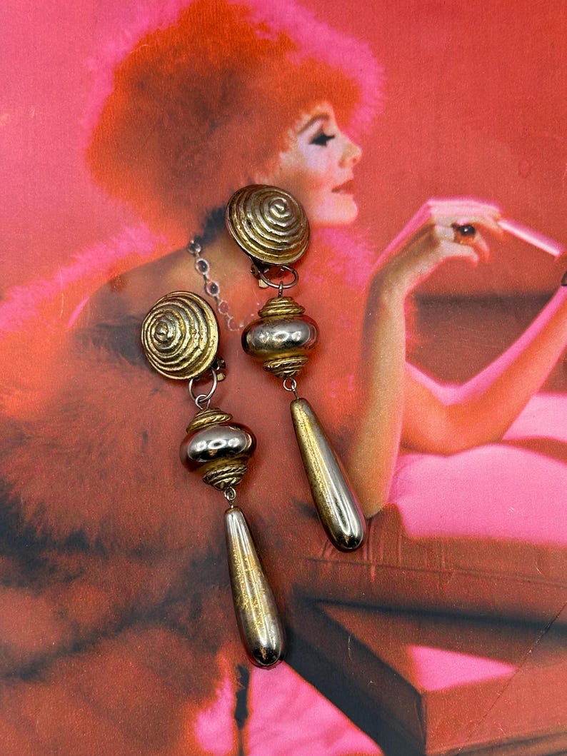 1980s Chunky Metal Dangle Long Clip on Earrings Distressed Patina Bold ...