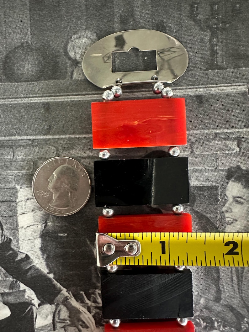 1940s Cherry Red Bakelite & Black Panel Link Bracelet Silver Tone ...