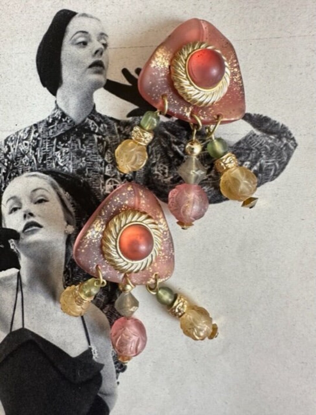 80s Mega Champagne Rose' Translucent Dangle Bead Earrings, Mega 80s Big ...
