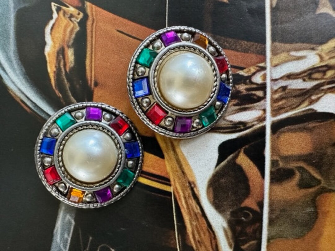 80s Mega Pearl Button Earrings With Jewel Tone Rhinestones, 80s Bold ...