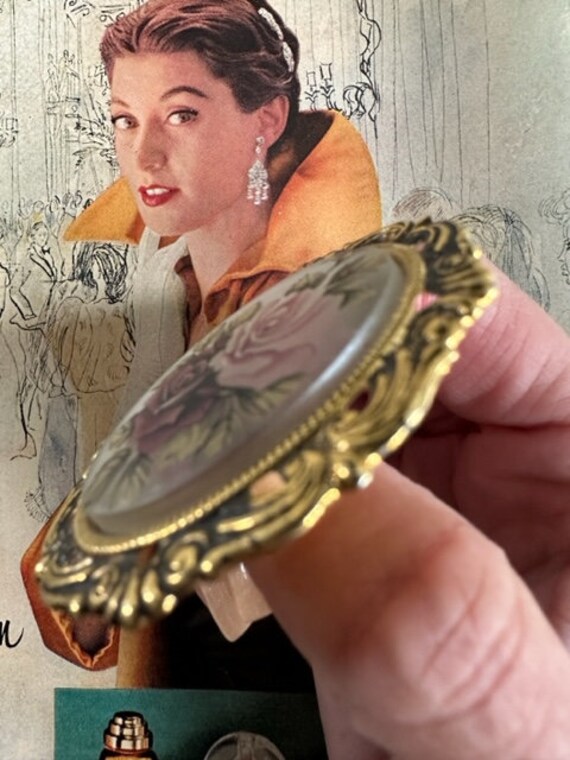 60s Oval Floral Pin, 60s Floral Cameo Pin, 60s Brooch… - Gem