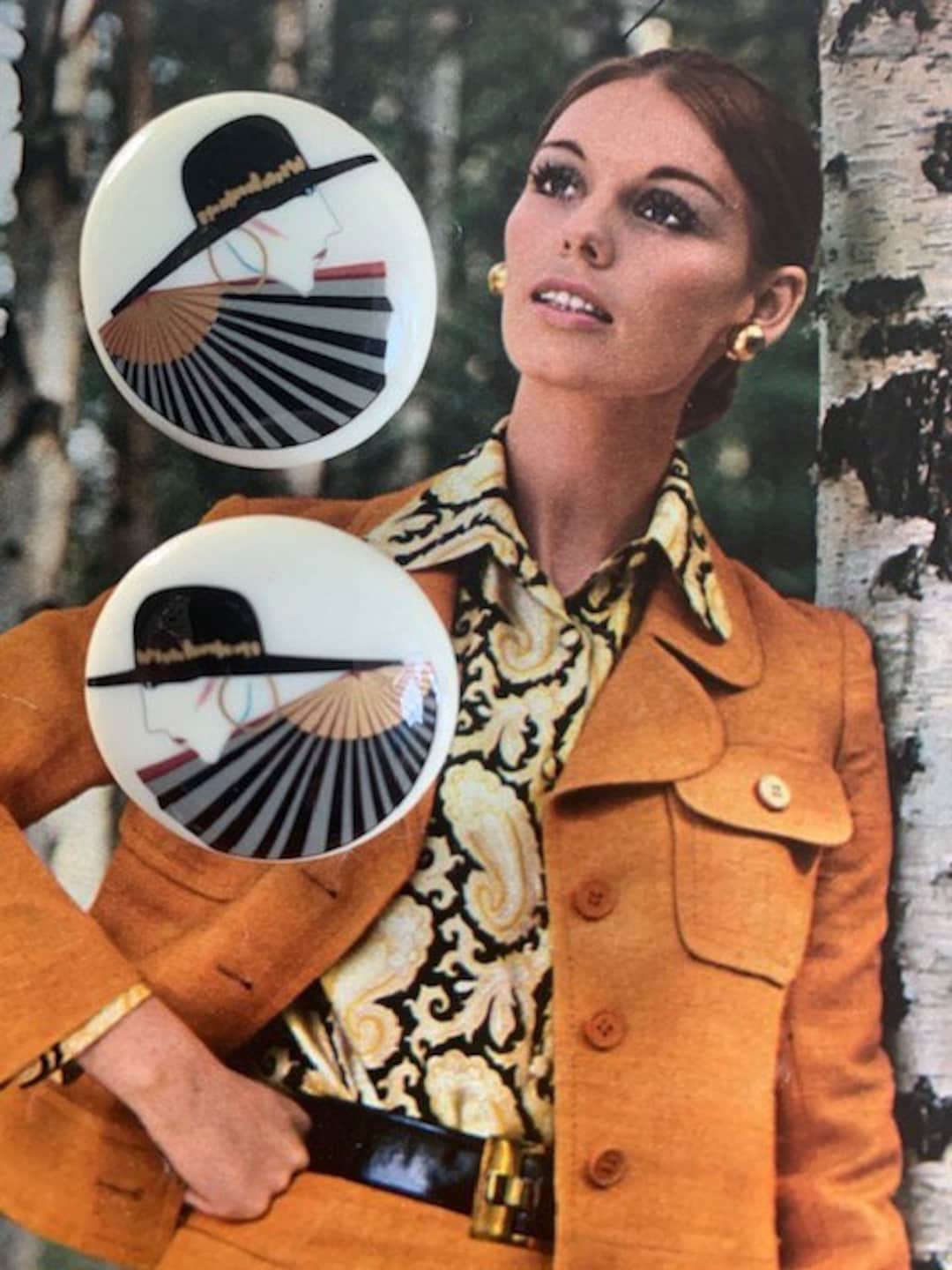 1990s Vintage Hat Lady Fan Pierced Earrings Large Resin Button Novelty ...