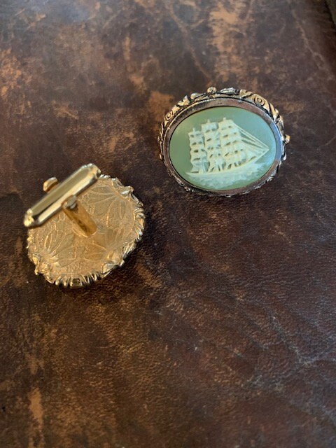 1960s Dante Signed Clipper Ship Cuff Links Green Incolay Stone Nautical ...
