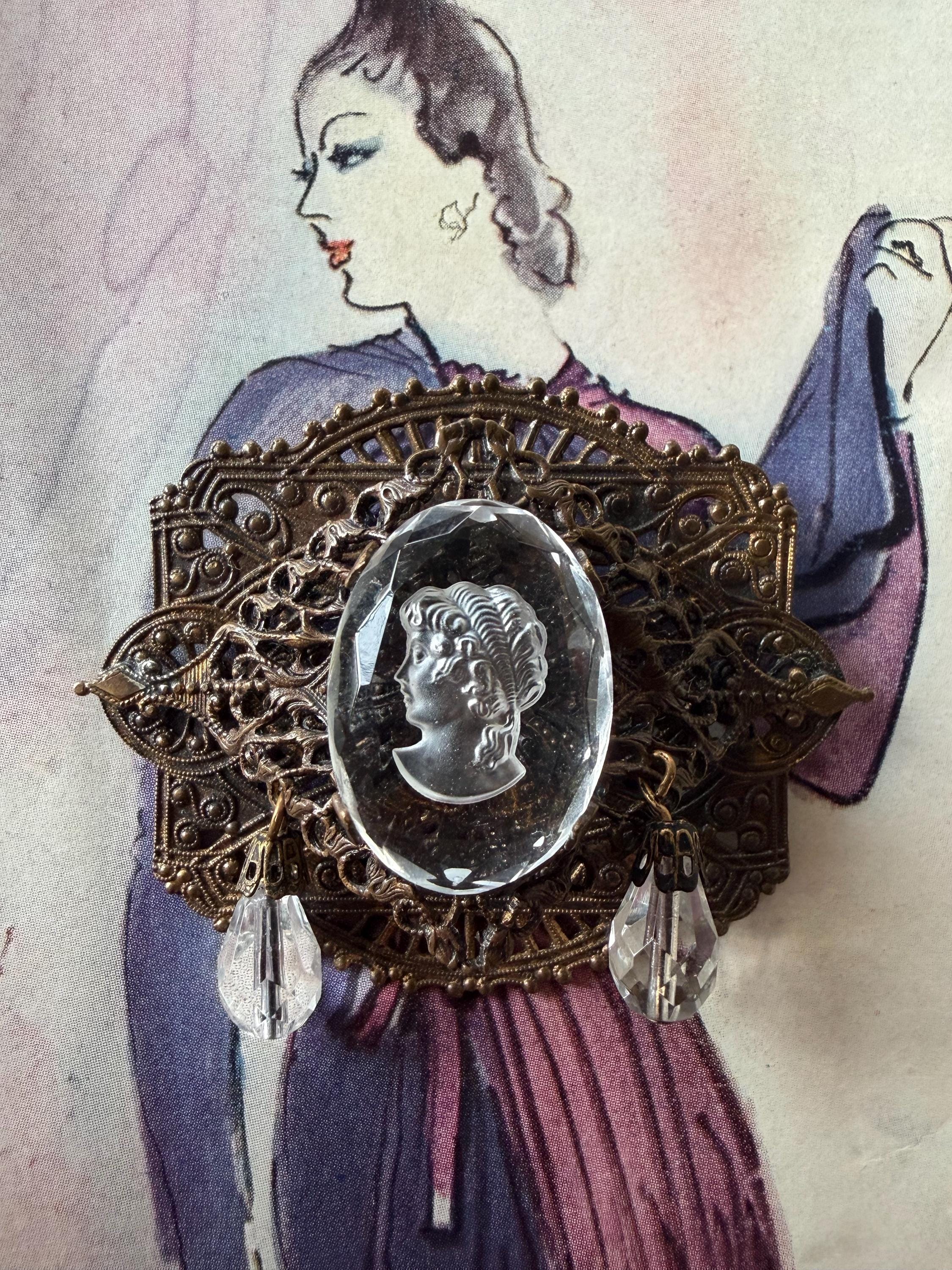 1920s Art Deco Filigree Cameo Brooch Clear Glass Intaglio Classical ...