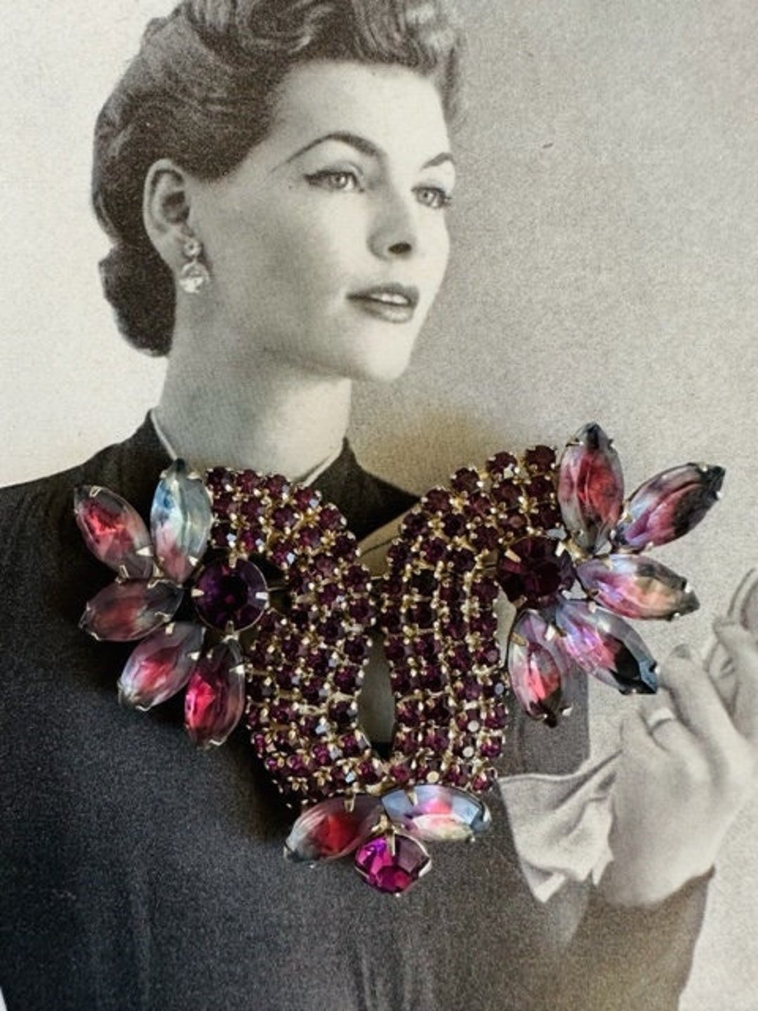 Purples and Blue and Violet Crystal Brooch, Large Purple Navette and ...