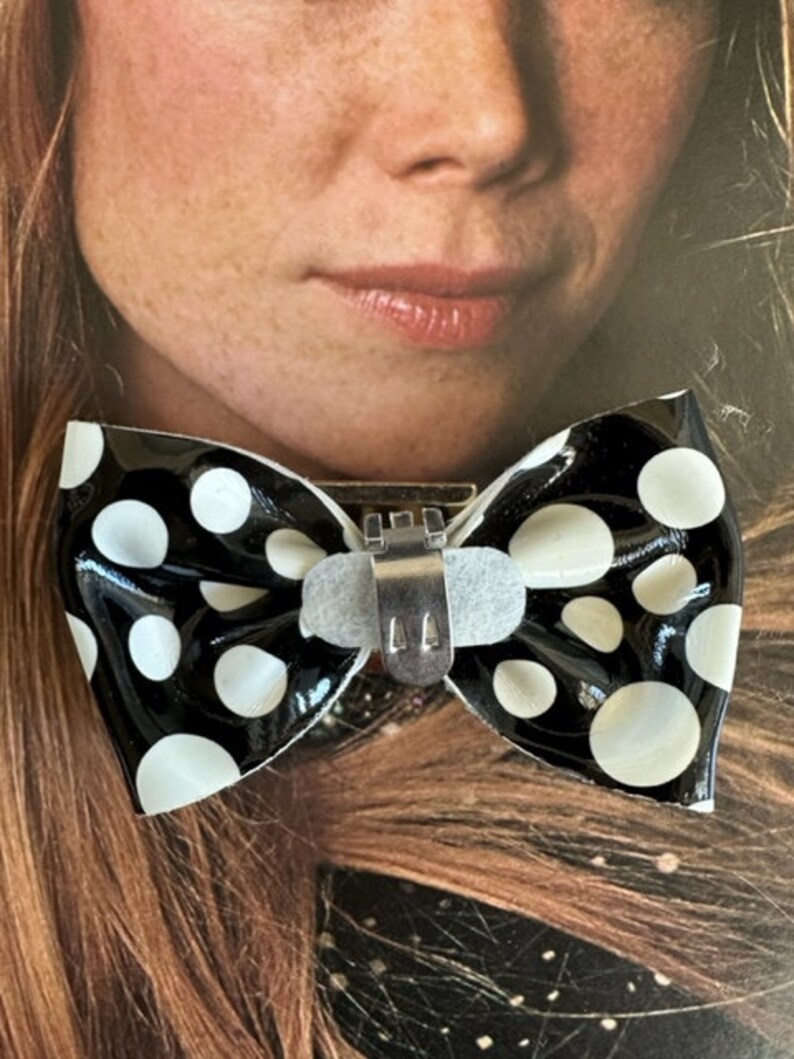 1980s Polka Dot Patent Leather Black & White Bow Tie Rhinestone Clasp ...