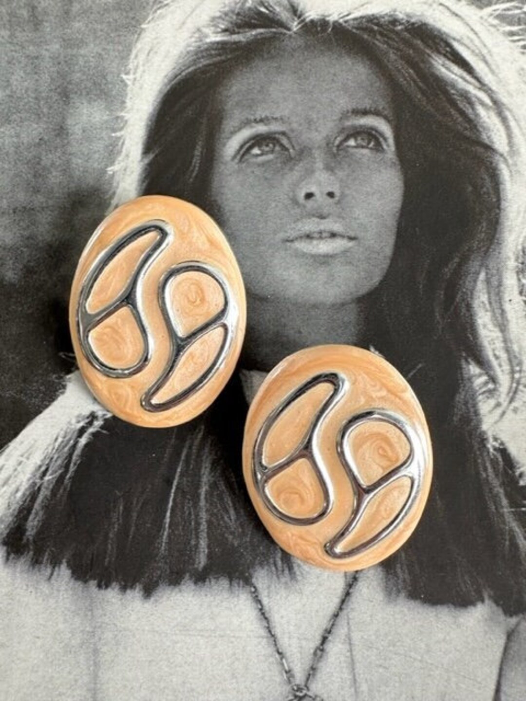 1980s Peach Swirl Enamel Pierced Earrings Large Oval Silver Abstract ...