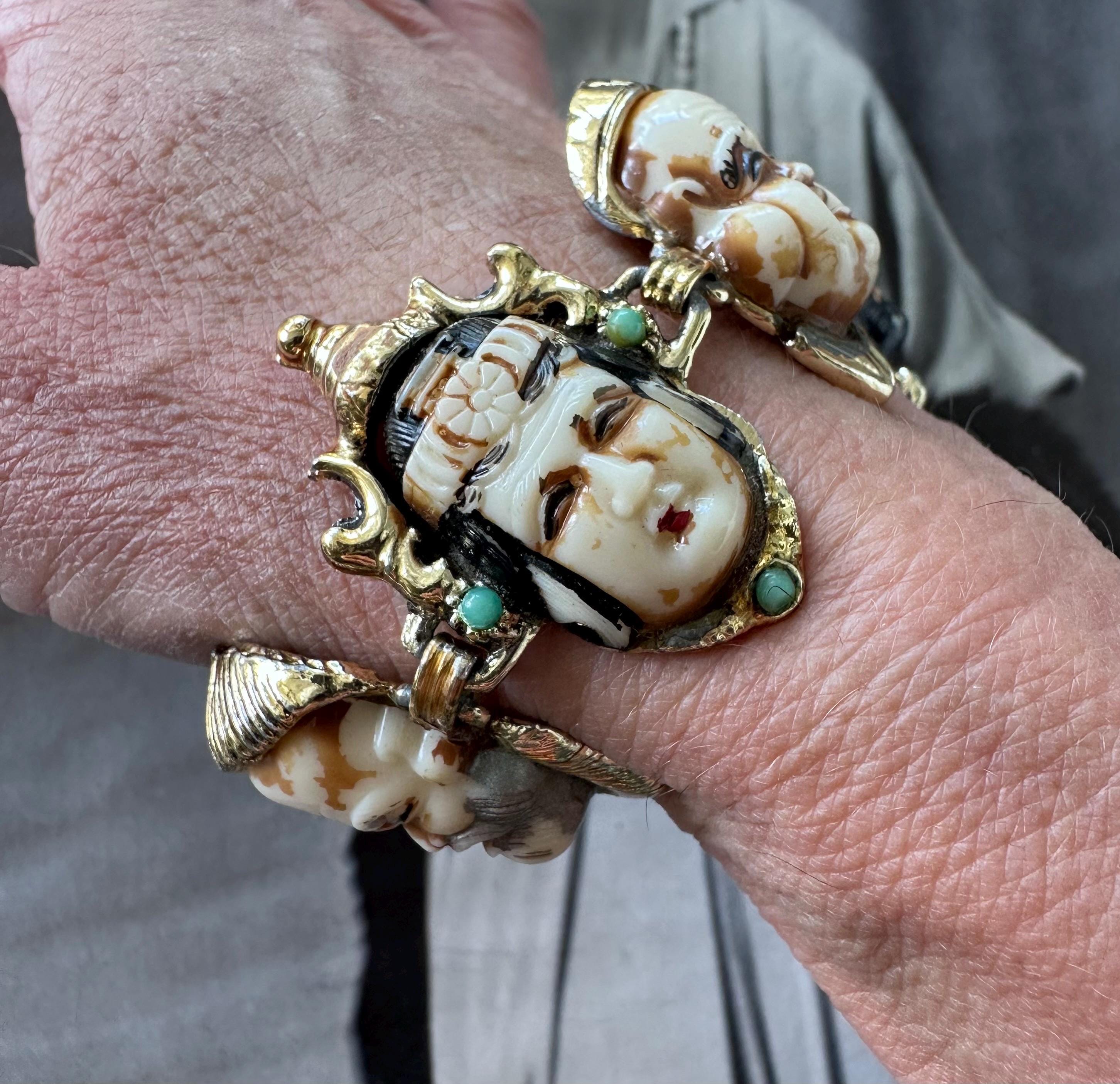1950s Selro Selini Unsigned Seven Lucky Gods Bracelet Gold Tone Resin ...