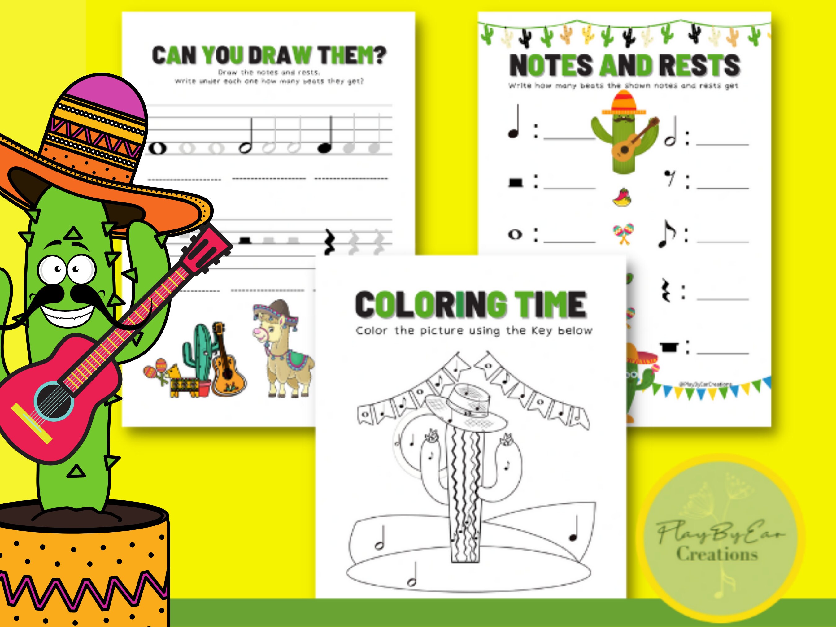 PRINTABLE -music Worksheet - Notes and Rests - Fun Cactus Theme ...