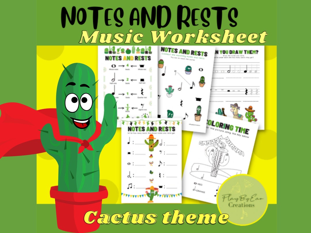 PRINTABLE -music Worksheet - Notes and Rests - Fun Cactus Theme ...
