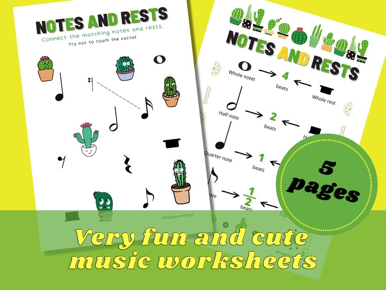 PRINTABLE -music Worksheet - Notes and Rests - Fun Cactus Theme ...
