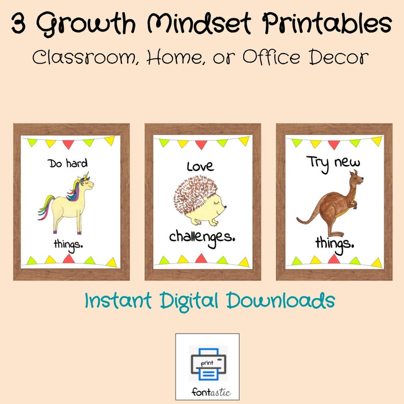 3 Growth Mindset Printable Posters Cute Animal Art Digital | Etsy